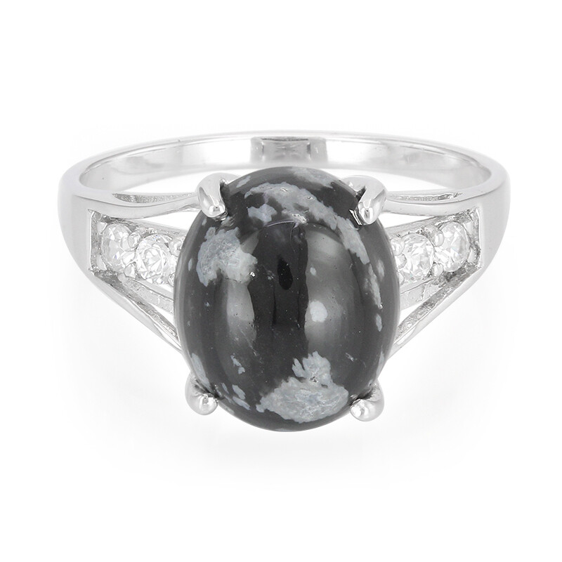 USA Snowflake Obsidian & Zircon Silver Ring