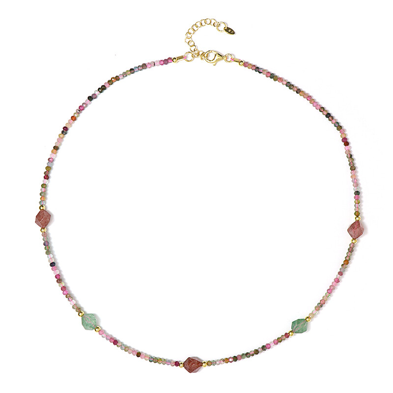 Brazilian Strawberry Quartz & Tourmaline Gold Plated Necklace, 33.63ct