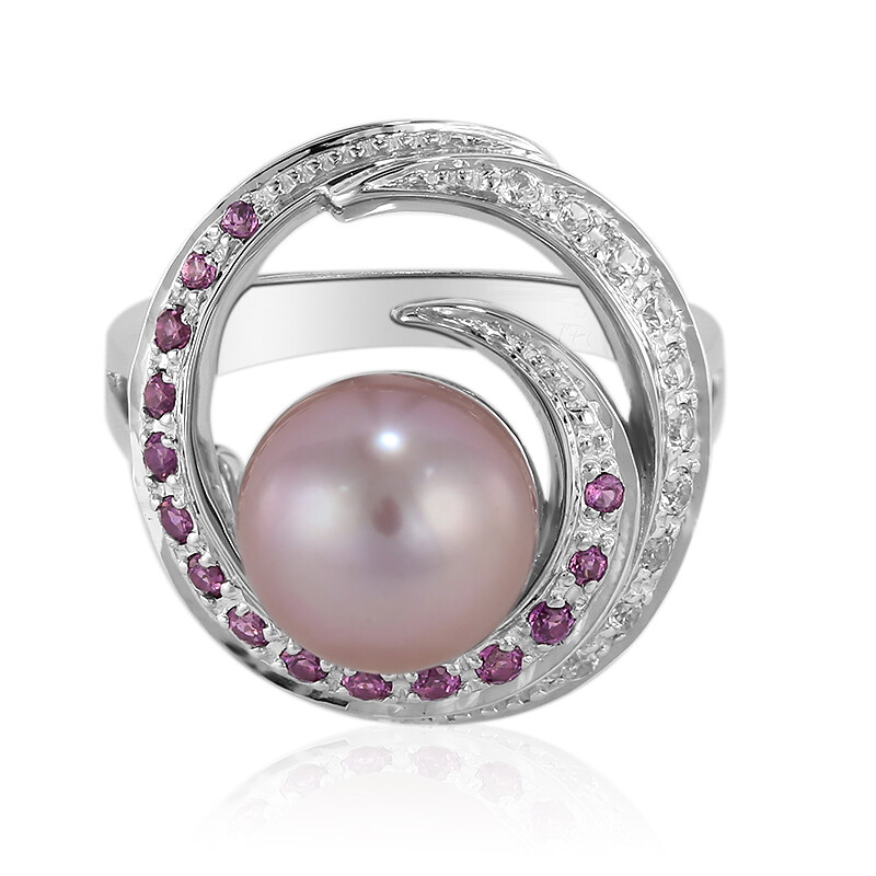 Chic 9mm Ming Pearl & Rhodolite Silver Ring