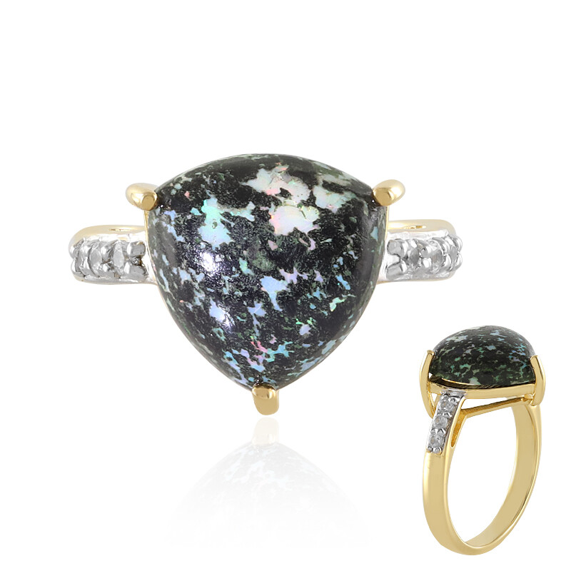 Mexican Leopard Opal Trilliant-Cabochon Gold-Plated Silver Ring, 3.534 ct