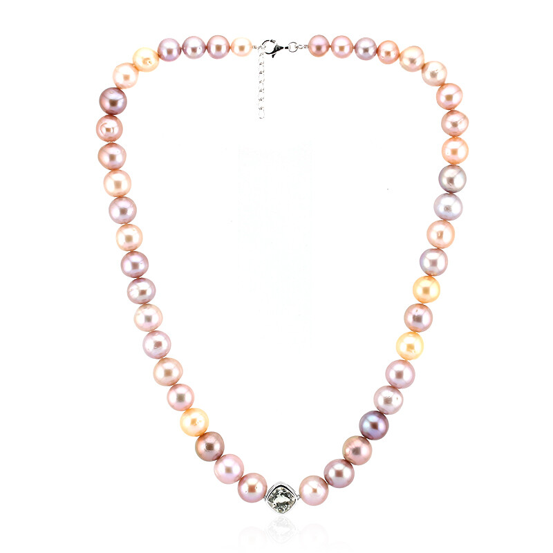 Multicolor Chinese Ming Pearls & Amethyst Silver Necklace
